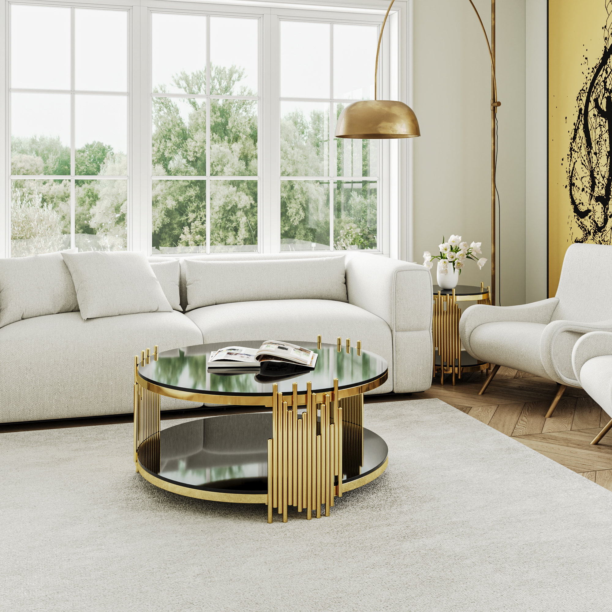 Mercer41 37" Round Double Layer Black Tempered Glass Coffee Table with Stainless Steel Base for ...